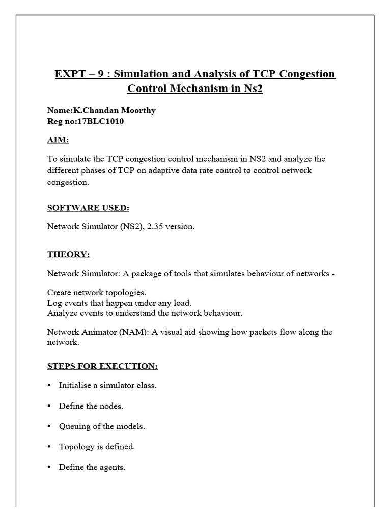 EXPT 9 Simulation and Analysis of TCP Co | PDF | Network Congestion | Transmission Control Protocol