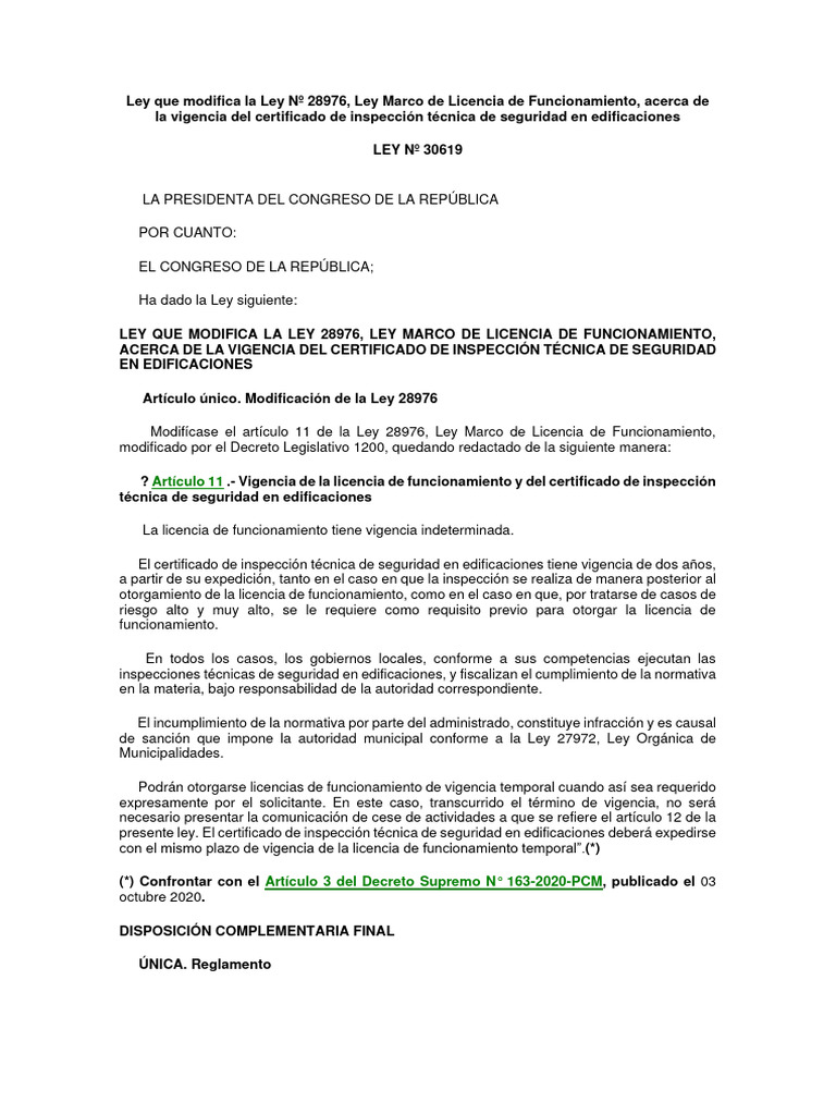 LEY #30619 Ley Que Modifica La Ley #28976, Licencia de Funcionamiento ...