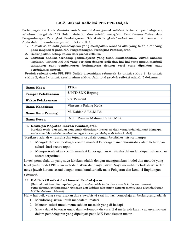 Lk 2 Jurnal Refleksi Ppl Ppg Daljab Pdf
