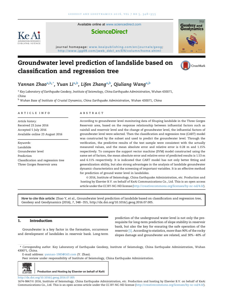 Groundwater Level Prediction of Landslide Based On Classification and Regression Tree | PDF ...