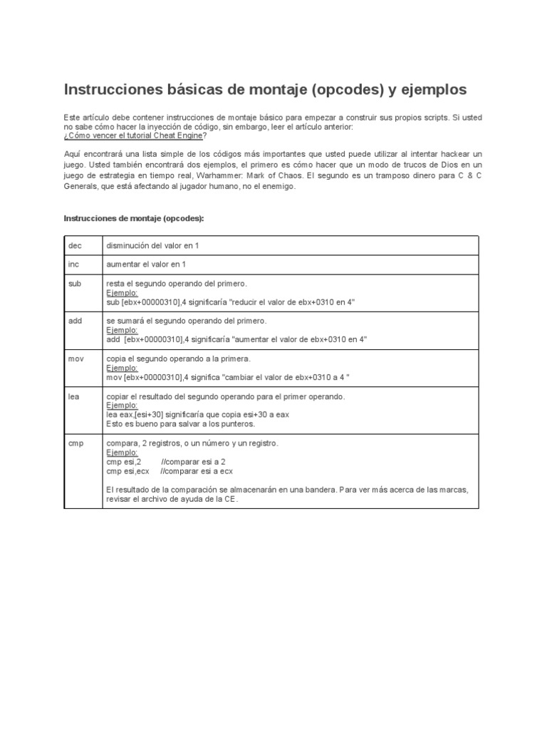 Instrucciones Básicas de ASM (Opcodes) y Ejemploss | PDF | Dinero ...