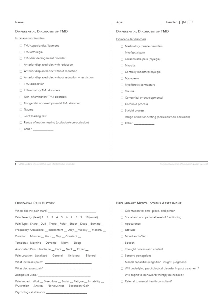 TMJ DIsorders OrofacialPain MentalStatus Checklist Printable | PDF ...