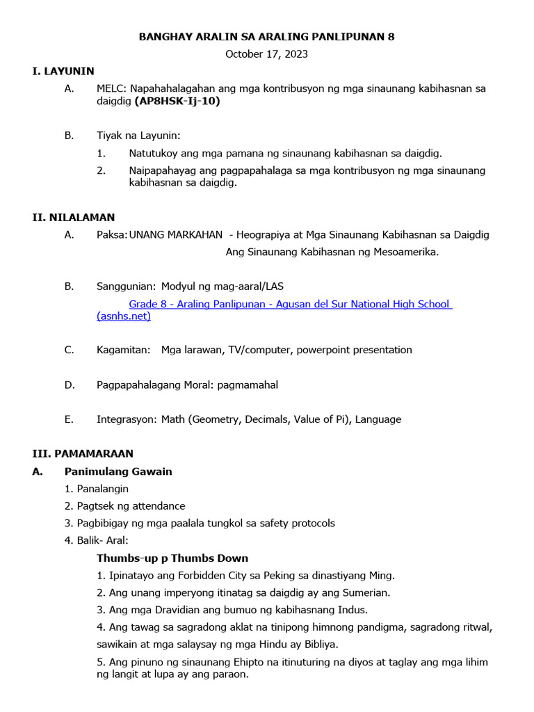 Banghay Aralin Sa Araling Panlipunan 8 | PDF