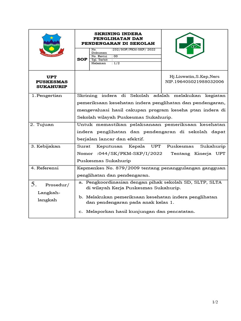 Sop Skrining Indera Di Sekolah | PDF