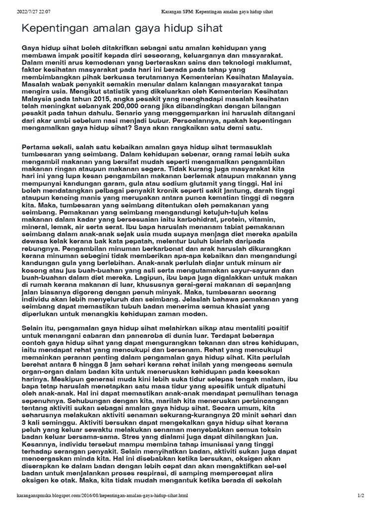Karangan SPM - Kepentingan Amalan Gaya Hidup Sihat | PDF Karangan SPM - Kepentingan Amalan Gaya Hidup Sihat | PDF