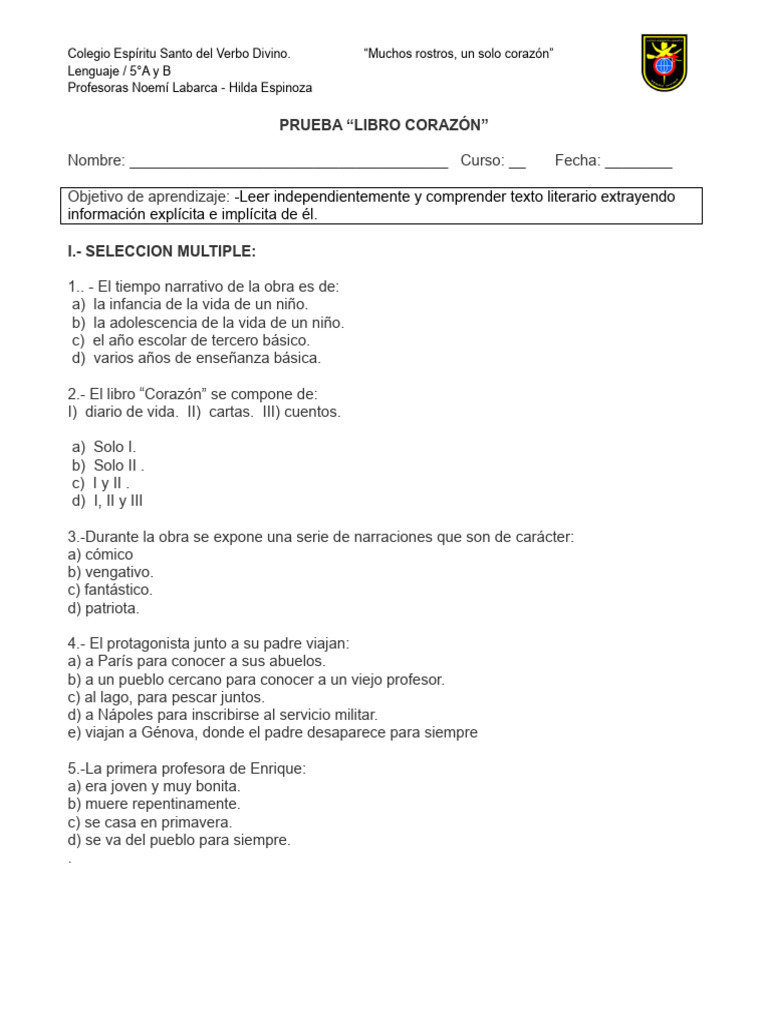 Prueba de Comprensión del Libro "Corazón" | PDF | Estudios de idiomas ...