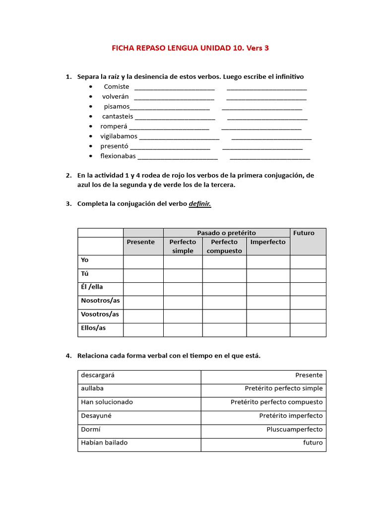 FICHA REPASO LENGUA UNIDAD 10v3 | PDF | Verbo | Conjugación gramatical