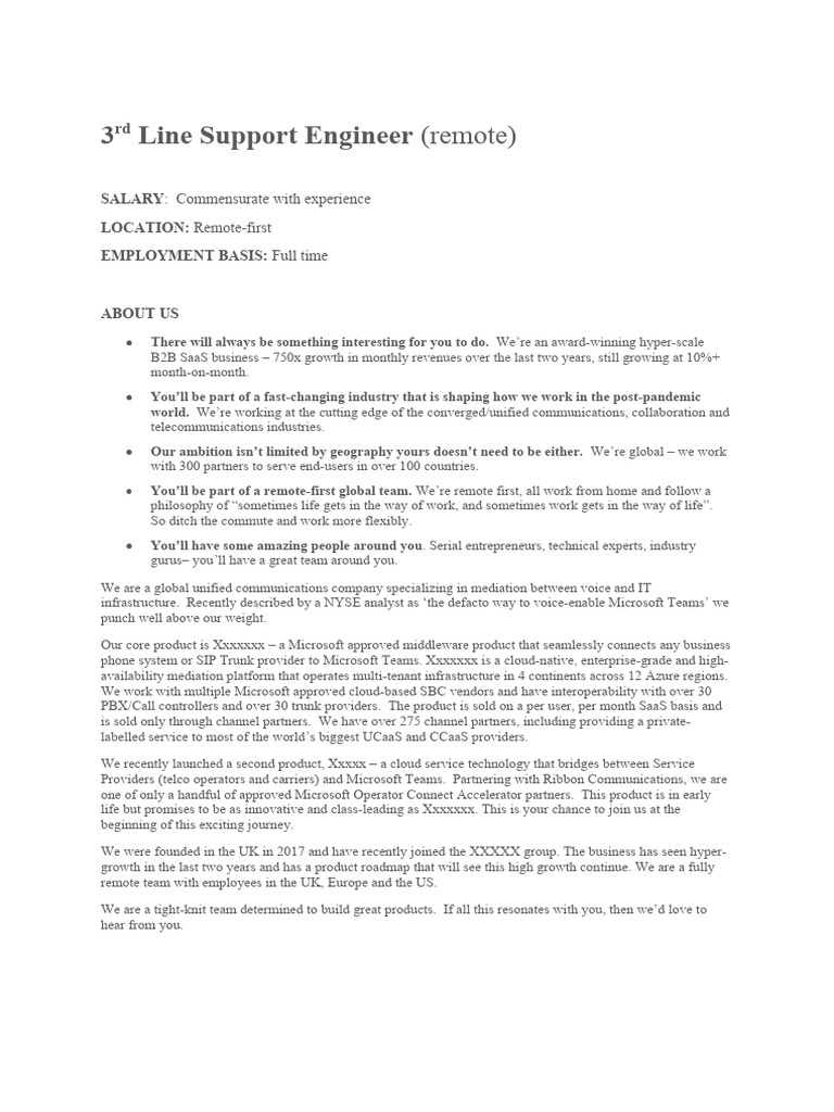 Job Spec 3rd Line Support M | PDF | Session Initiation Protocol ...