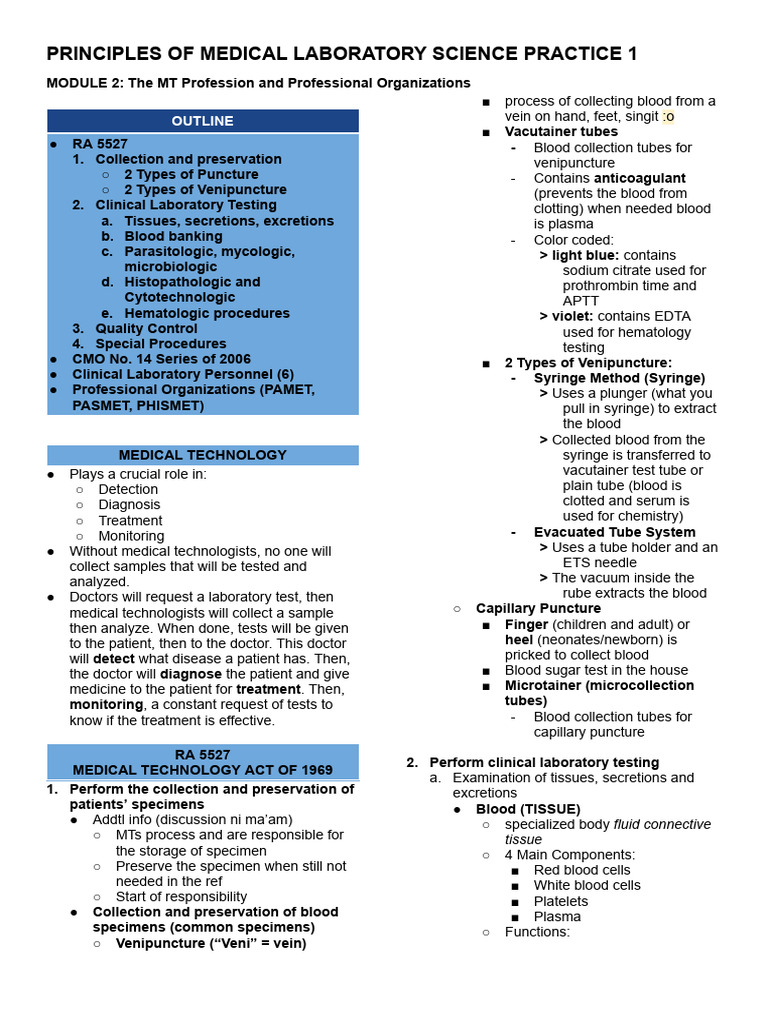 Mod 2 - The MT Profession and Professional Organizations | Download Free PDF | Pathology | Blood