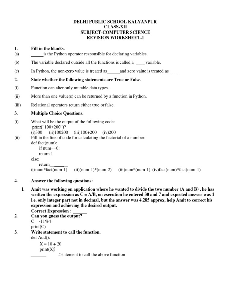 Computer Science Class Xii Revision Pdf Python Programming Language Function Mathematics