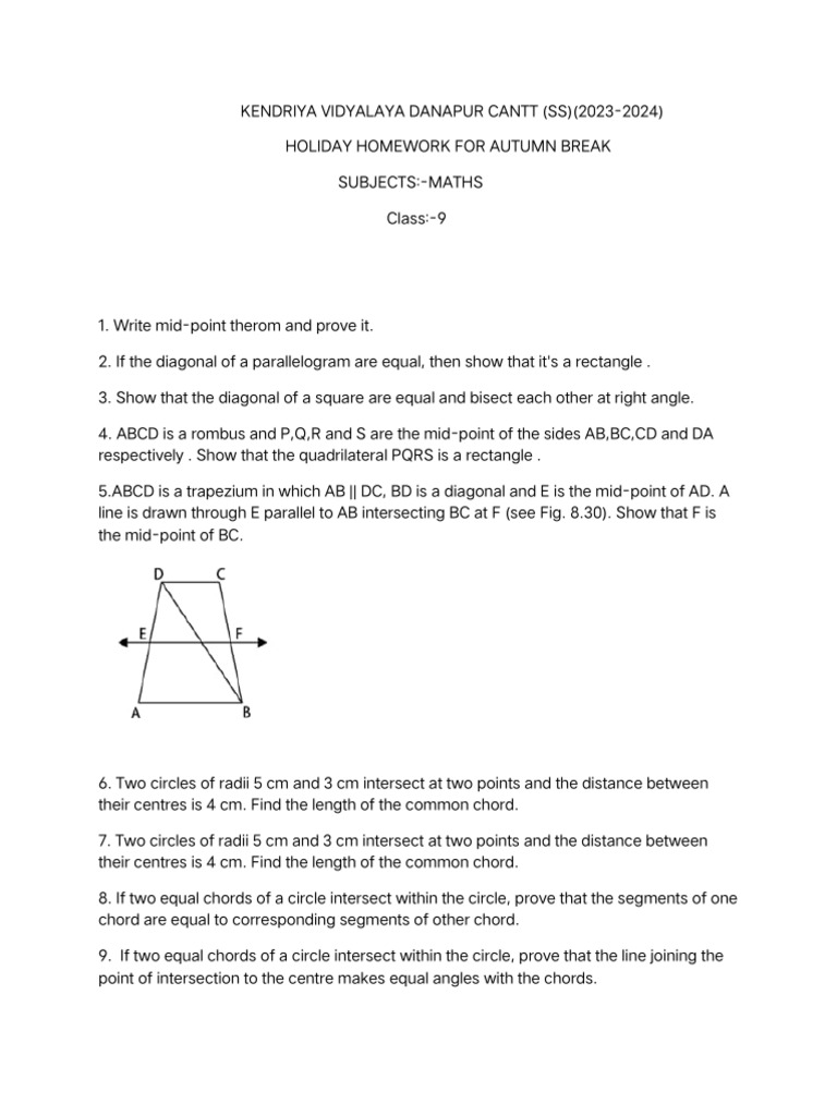 Maths Holiday Homework For Class 9 | PDF