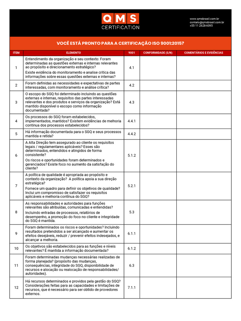 Checklist ISO 9001 2015 | PDF | Qualidade (negócios) | ISO 9000