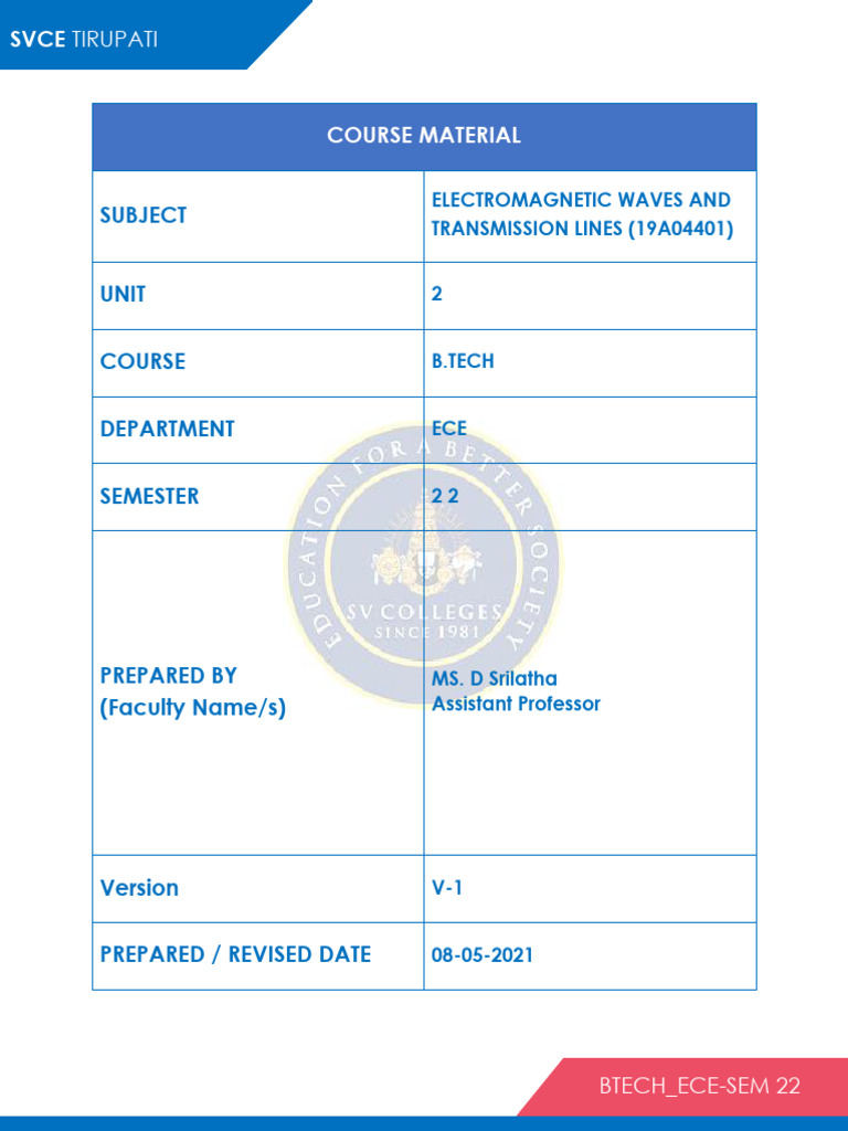 Subject Unit Course Department Semester: Svce Tirupati | PDF | Magnetic Field | Electromagnetic ...