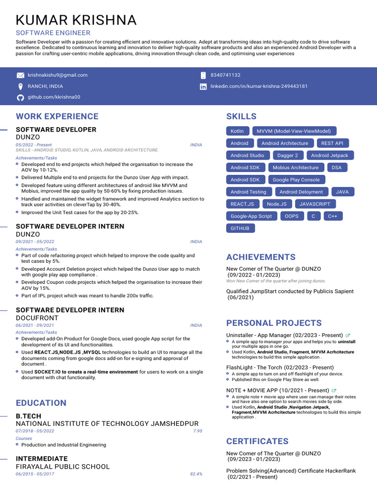 KUMAR KRISHNA's Resume | PDF | Android (Operating System) | Mobile App