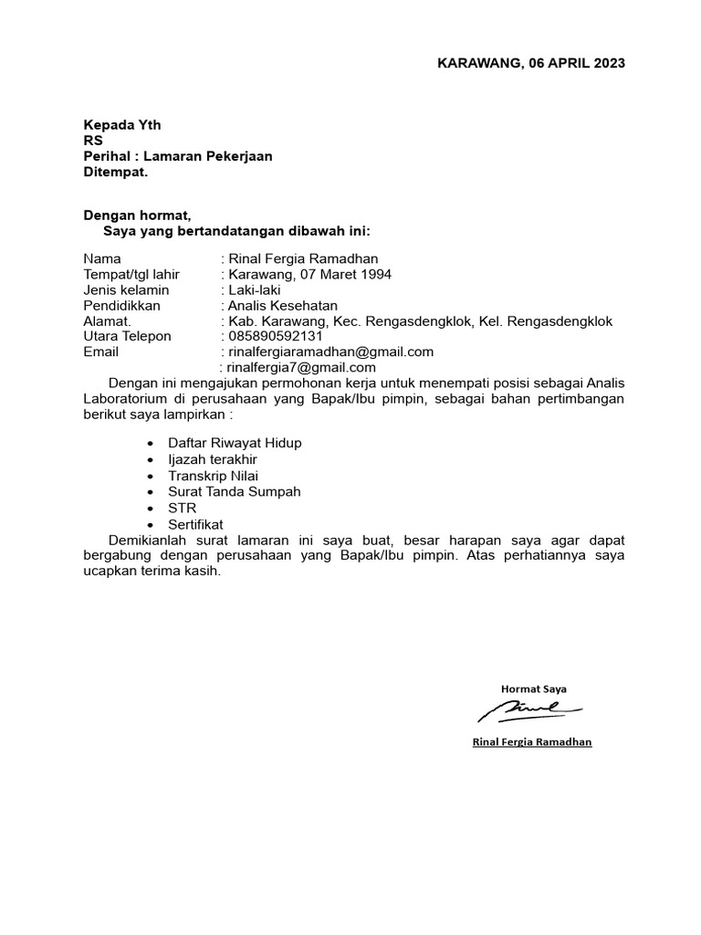 Lamaran Pekerjaan Analis Kesehatan | PDF