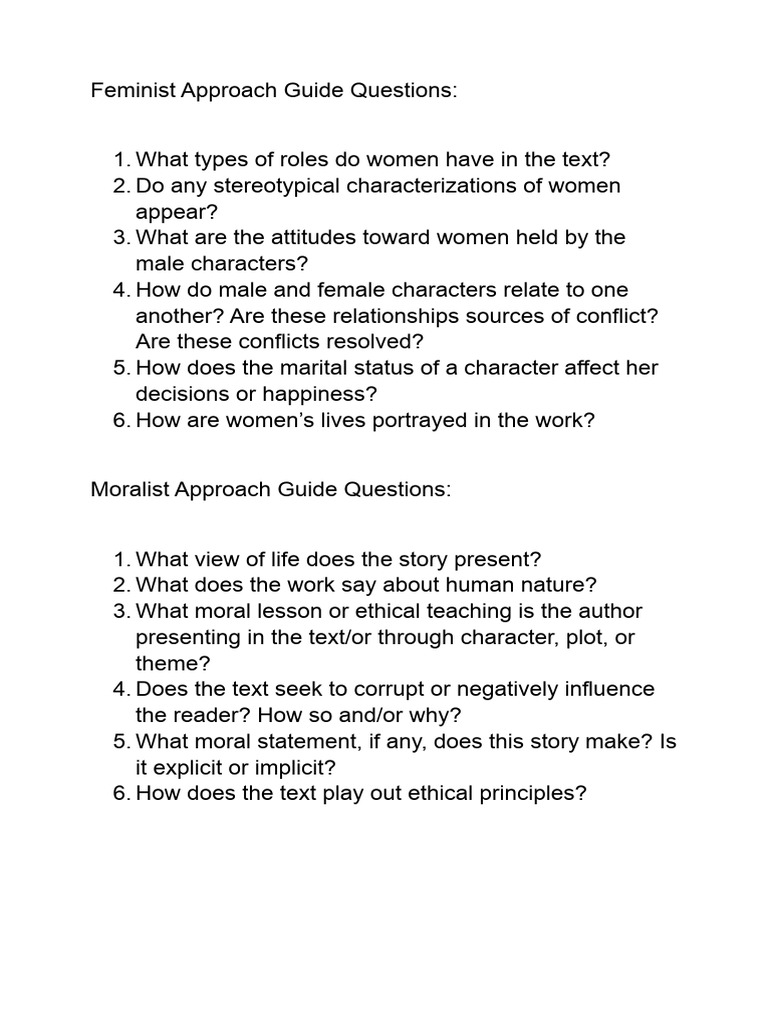Feminist and Moralist Approach Guide Questions | PDF | Social Science