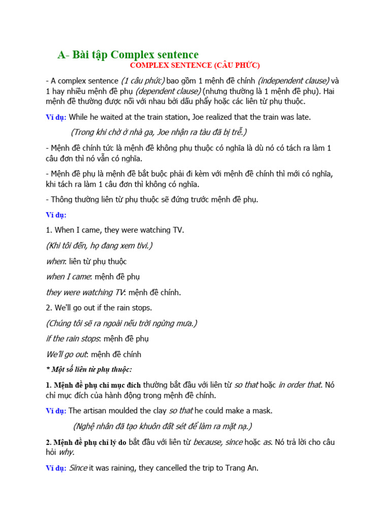 Bài tập Complex sentence vs phrasal verb E9 U1 | PDF
