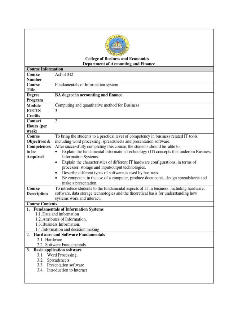 Course Outline - 169221327fundamentals of Information System | PDF