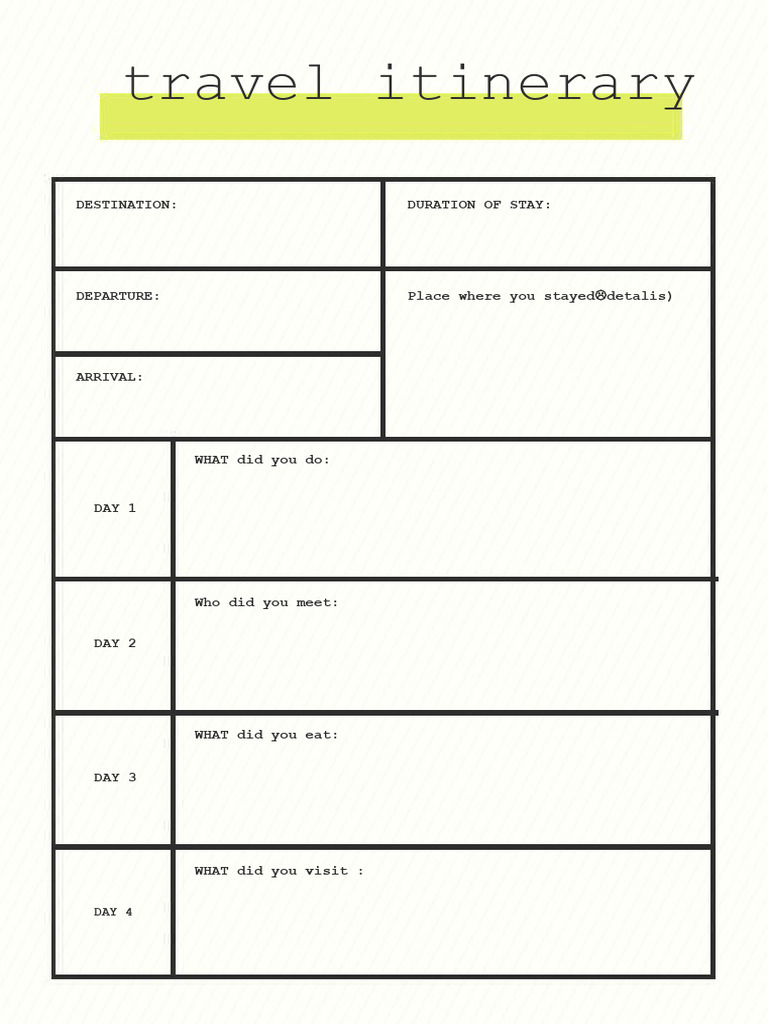 Vacation Itinerary Worksheet Templates Layouts 136922 | PDF