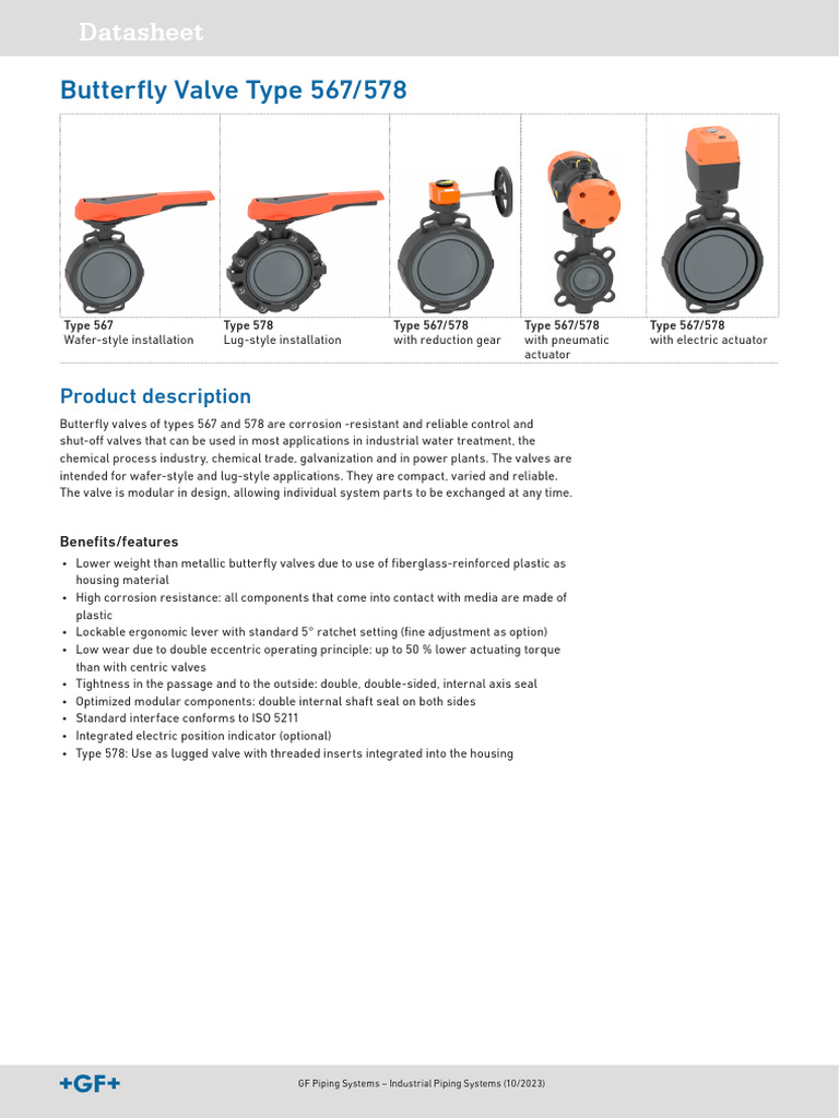 Datasheet Butterfly Valve Type 567 - 578 (EN) | PDF | Valve | Mechanical Engineering