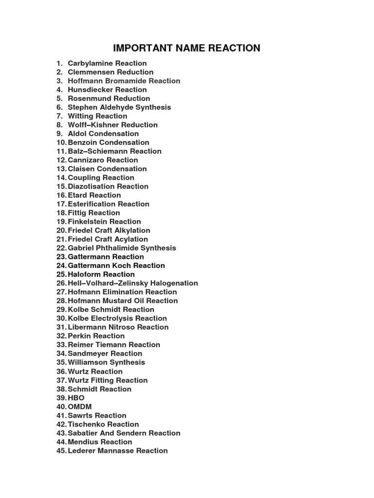 Key Organic Name Reactions List | PDF