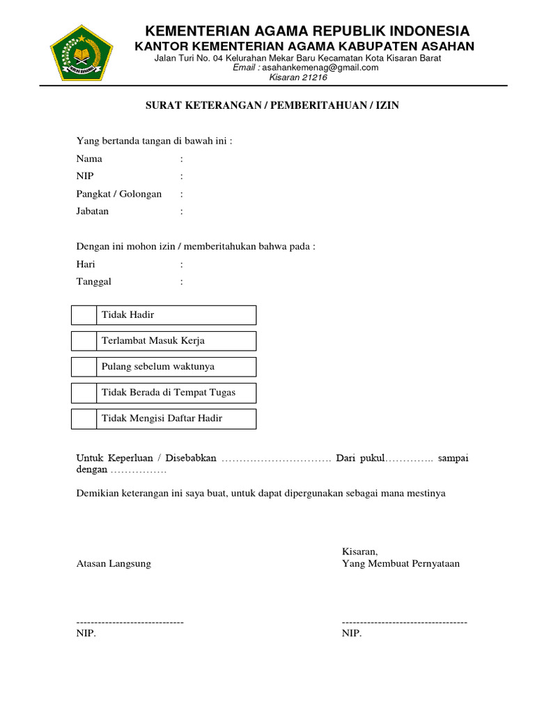 Surat Izin Ketidakhadiran Karyawan | PDF