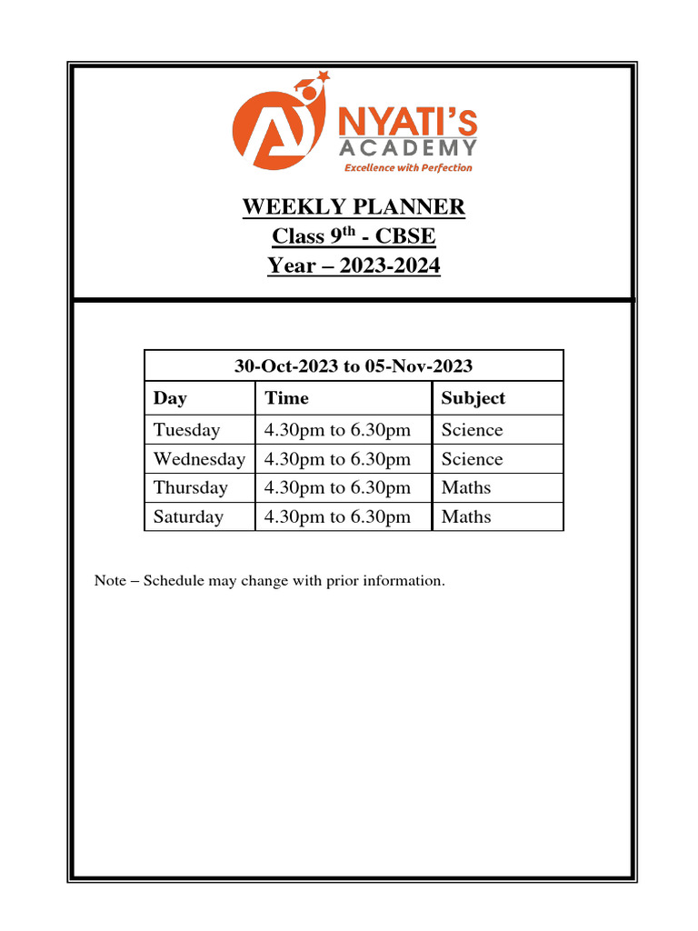 Class 9 Weekly Study Planner 2023-24 | PDF