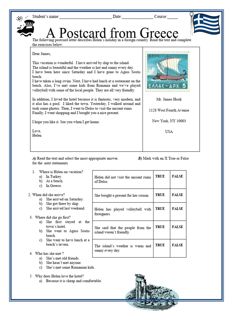 A Postcard Letter From Greece Reading Comprehension Exercises - 53724 | PDF