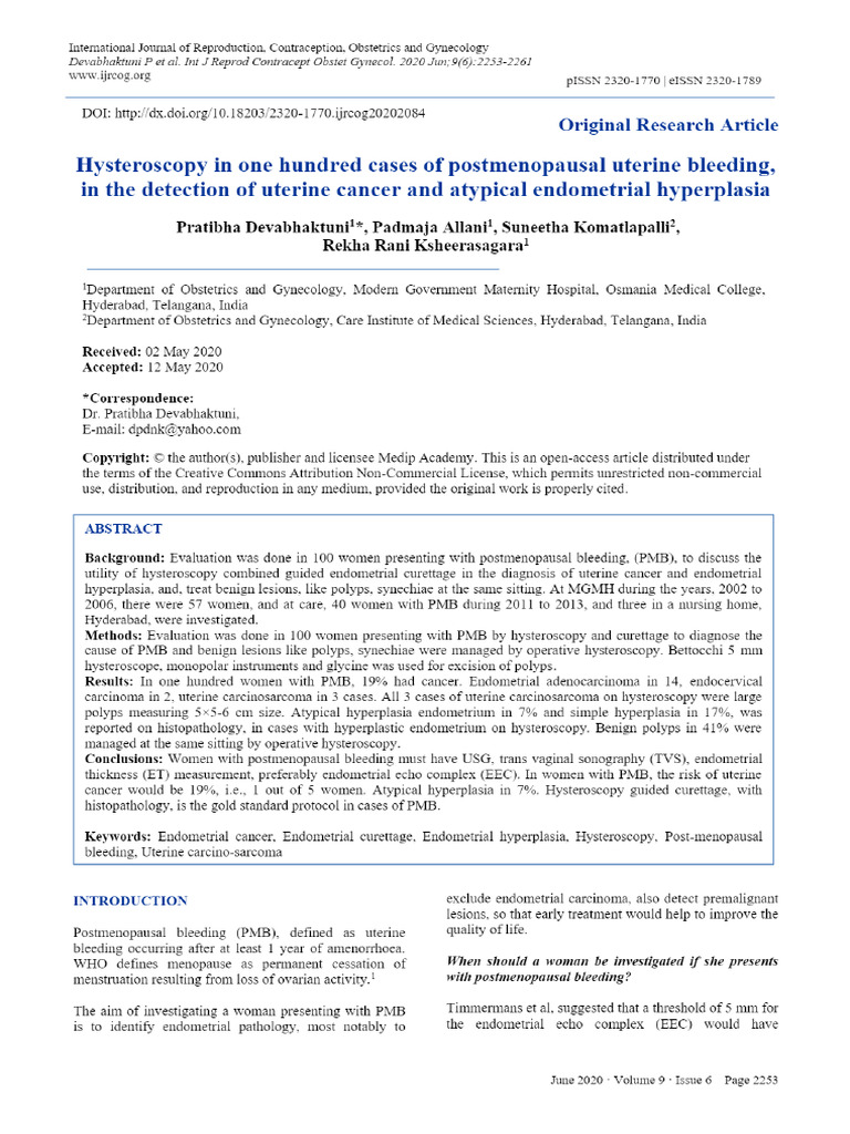 View of Hysteroscopy in One Hundred Cases of Postmenopausal Uterine ...