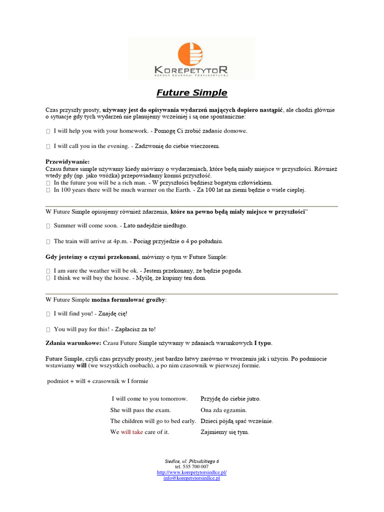 Future Simple - Budowa, Znaczenie | PDF