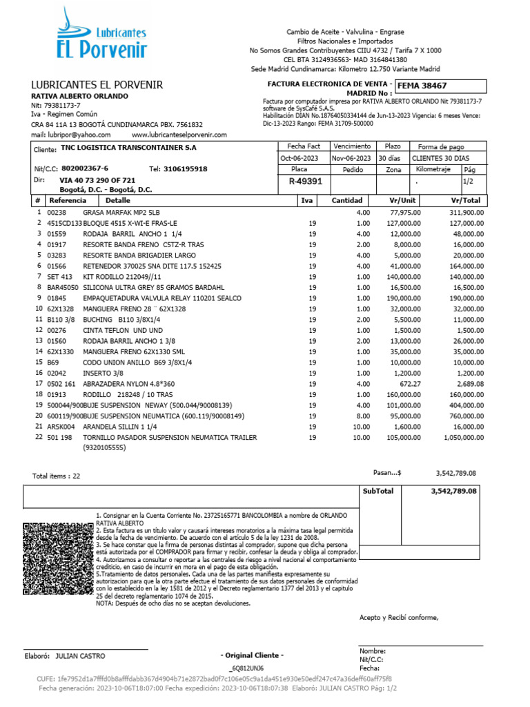 Factura 38467 Lubricantes El Porvenir | PDF | Business | Tecnologías de ...