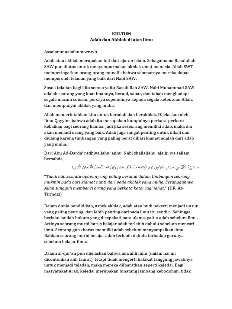 Kultum Adab Dan Akhlah Di Atas Ilmu | PDF