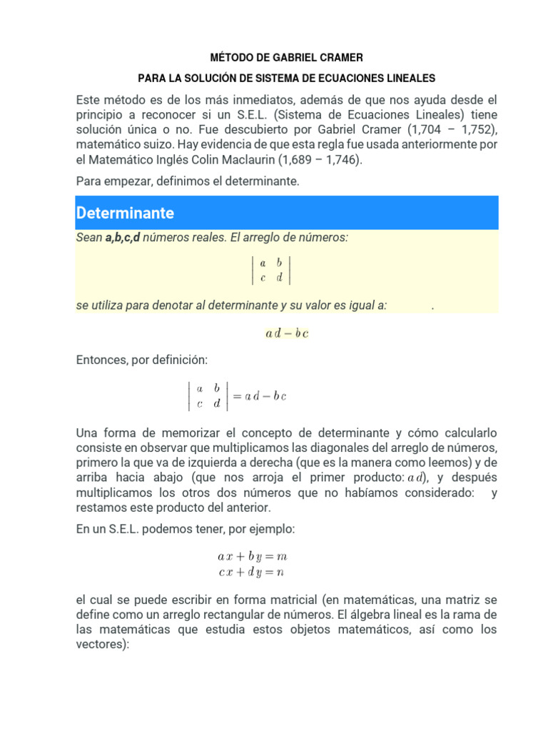 Método de Gabriel Cramer | PDF | Determinante | Sistema de ecuaciones lineales