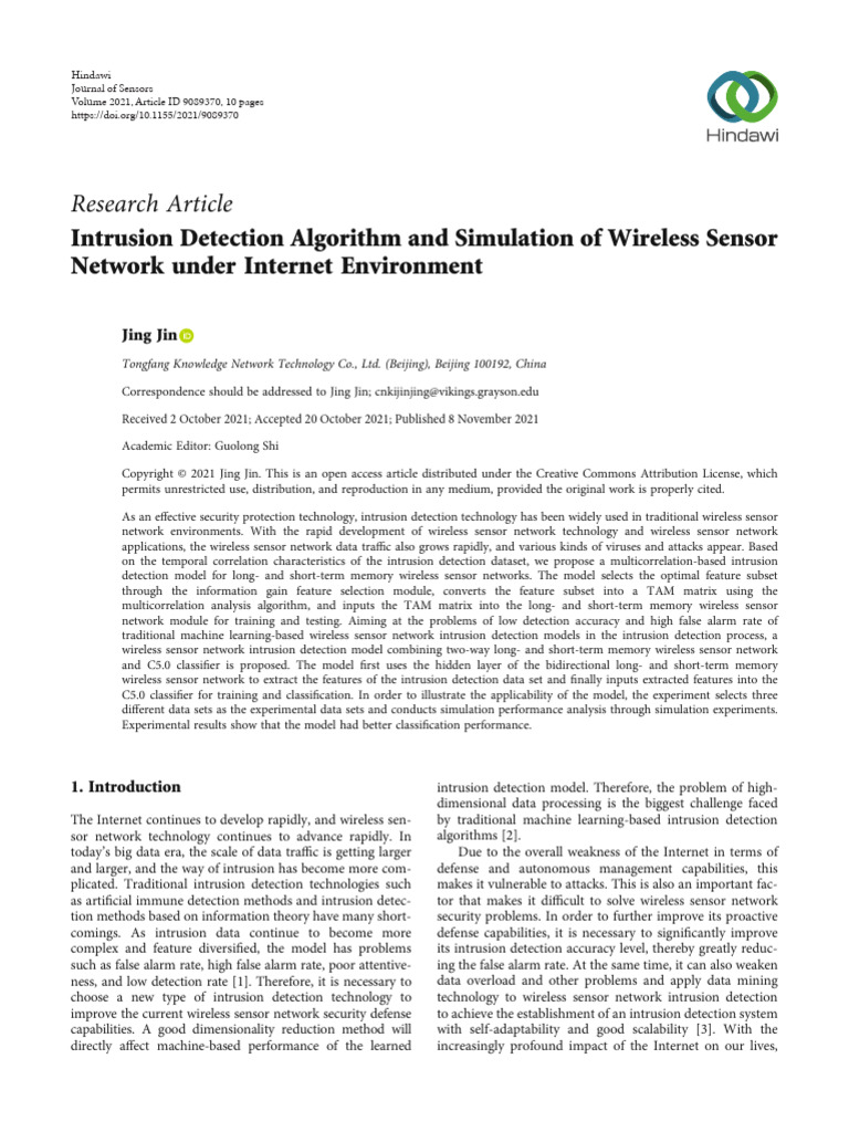 Research Article Intrusion Detection Algorithm and Simulation of Wireless Sensor Network Under ...