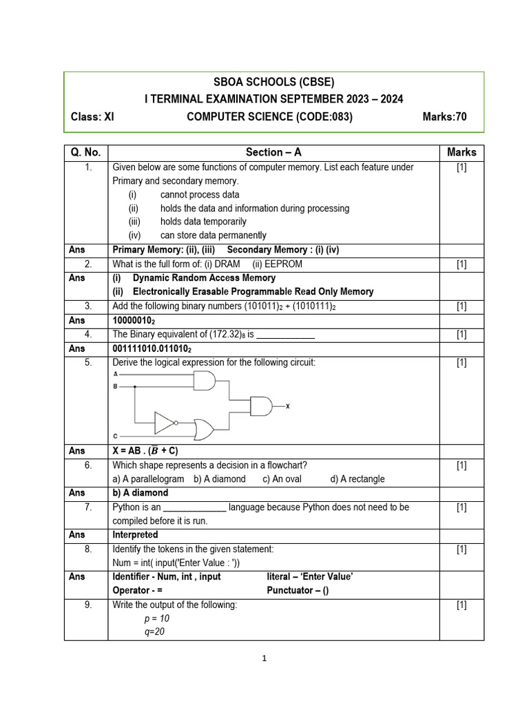 Class 11 - I Terminal Exam Final Paper-Answer Key | PDF | Computer Memory | Computer Science