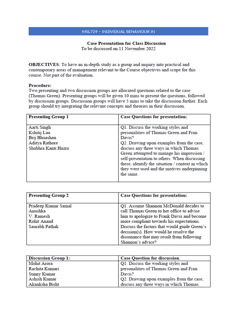 Case Presentation Groups and Ques | PDF | Social Psychology ...