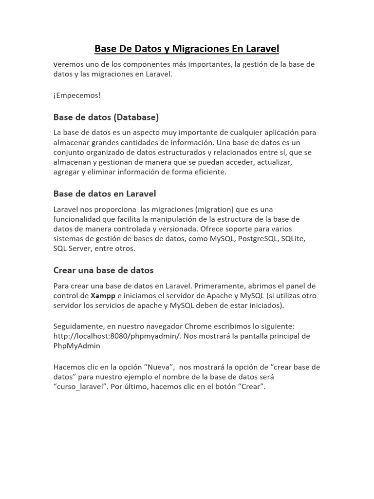 Base de Datos Y Migraciones en Laravel | PDF | Mi sql | Bases de datos Base de Datos Y Migraciones en Laravel | PDF | Mi sql | Bases de datos