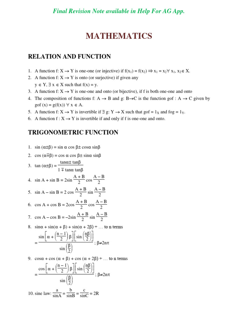 MATHEMATICS Final Revision Note in Help For Ag App | PDF | Ellipse ...