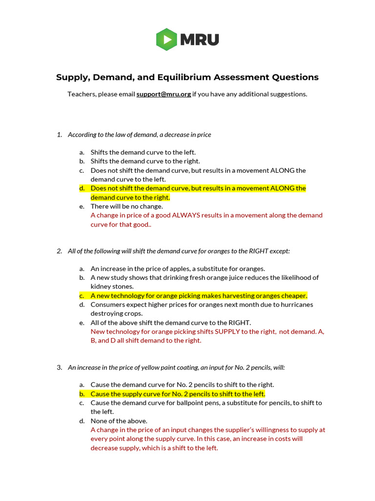 Supply and Demand Assessment Questions | PDF | Supply (Economics ...