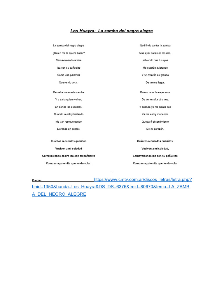 Los Huayra - La Zamba Del Negro Alegre | PDF