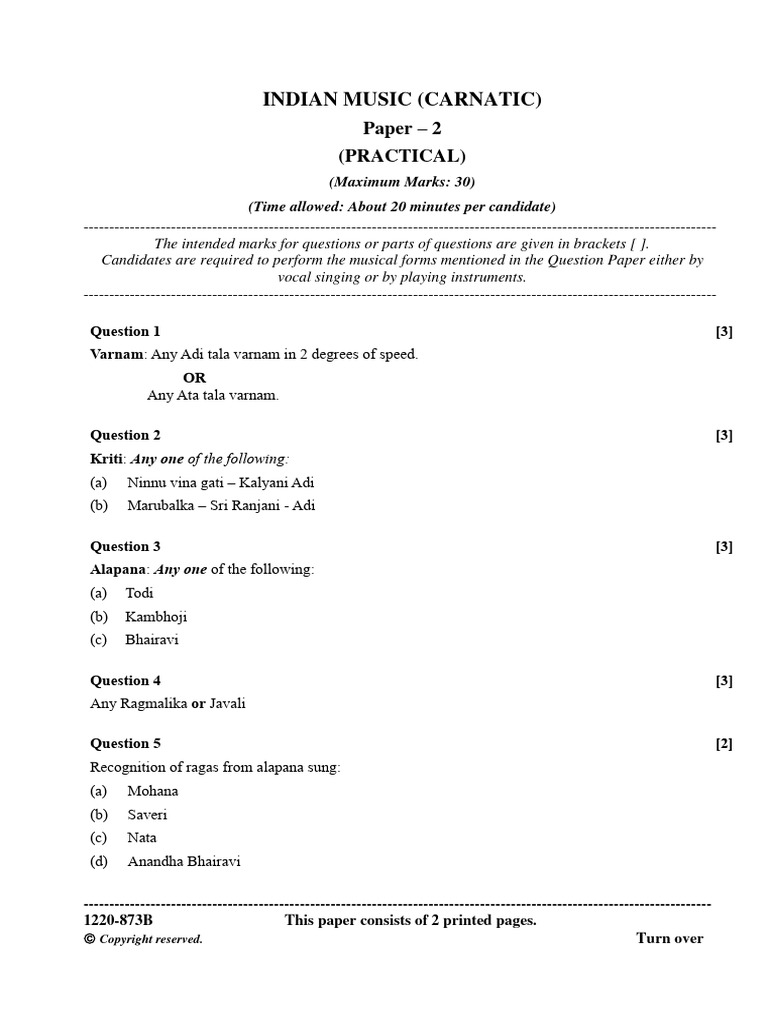 873b Indian Music-Carnatic Paper 2 QP | PDF | Classical And Art Music ...