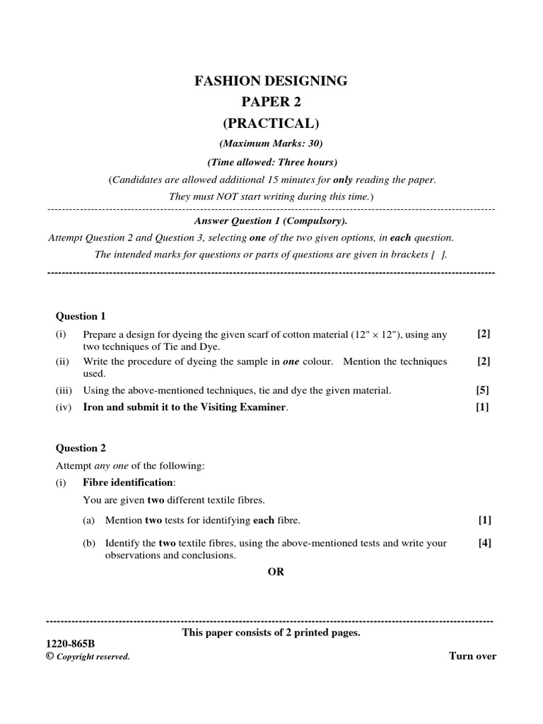 865b Fashion Designing Paper 2 QP | PDF | Textiles | Paper