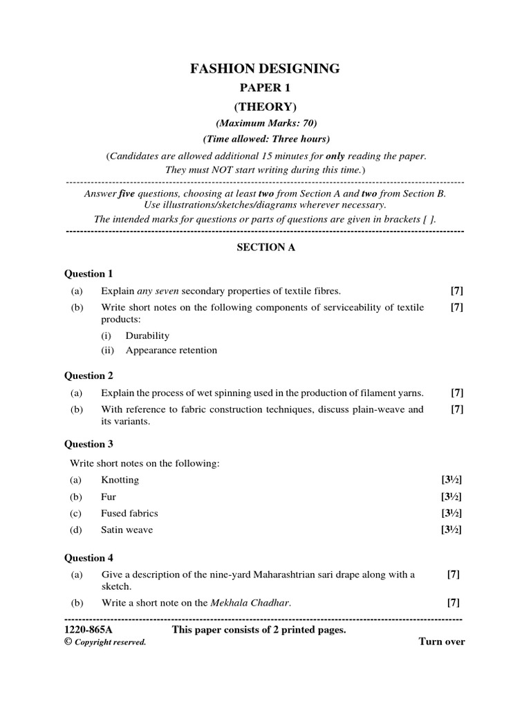 865a Fashion Designing Paper 1 QP | PDF | Textiles | Textile Arts