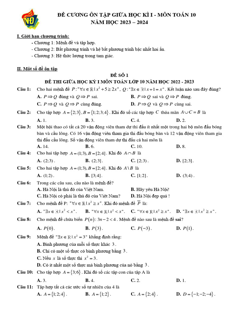 03 de On Tap Giua Ki 1 Toan 10 Nam 2023 2024 Truong THPT Viet Duc Ha Noi | PDF