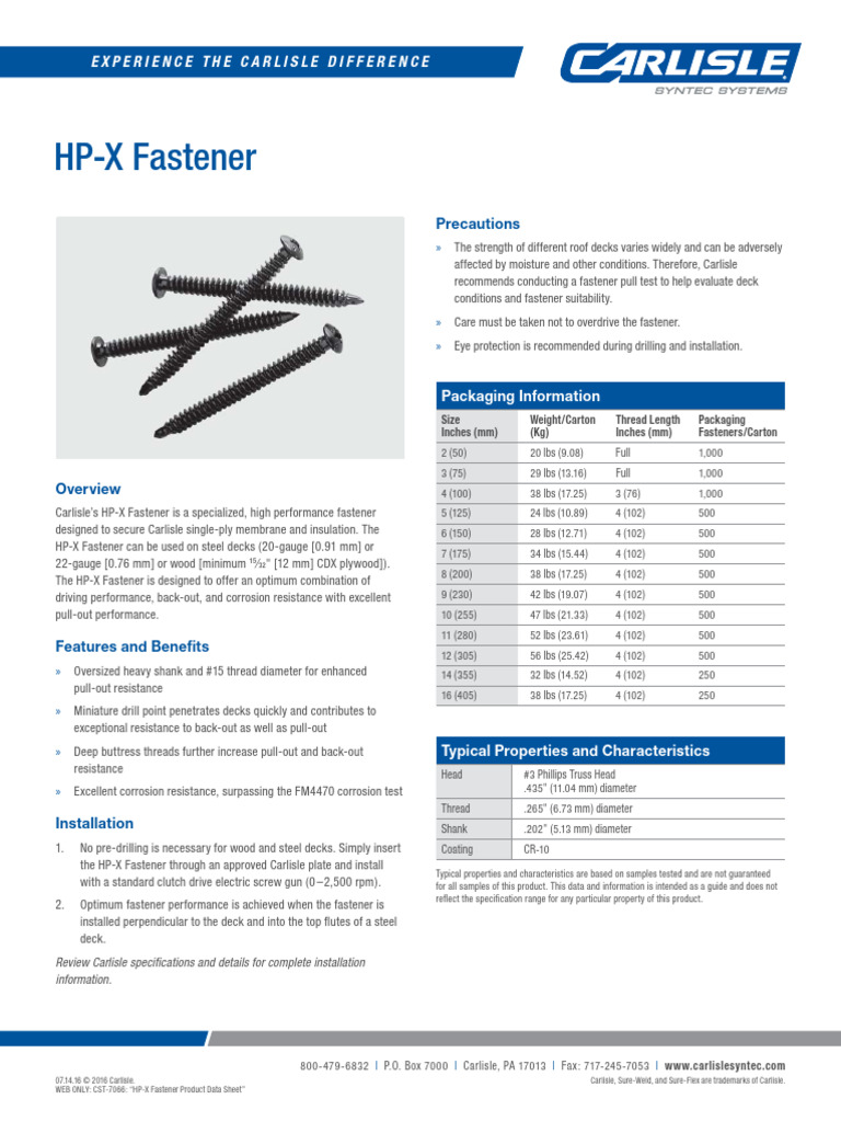Carlisle HP-X Fastener Overview | PDF | Screw | Building Engineering