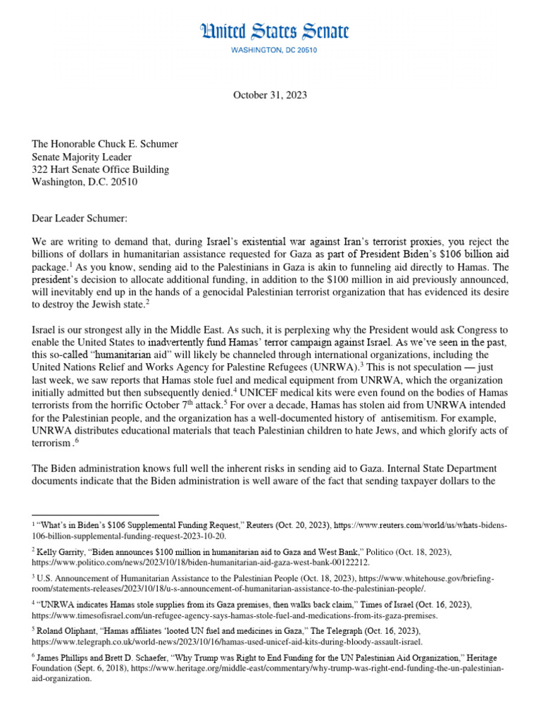Palestinian Funding Letter To Schumer | PDF | Unrwa | Hamas