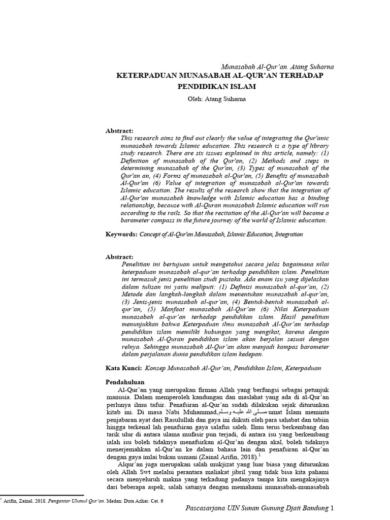 Makalah - Ilmu Dan Tafsir Tarbawi - Munasabah Alquran - Atang Suharna | PDF