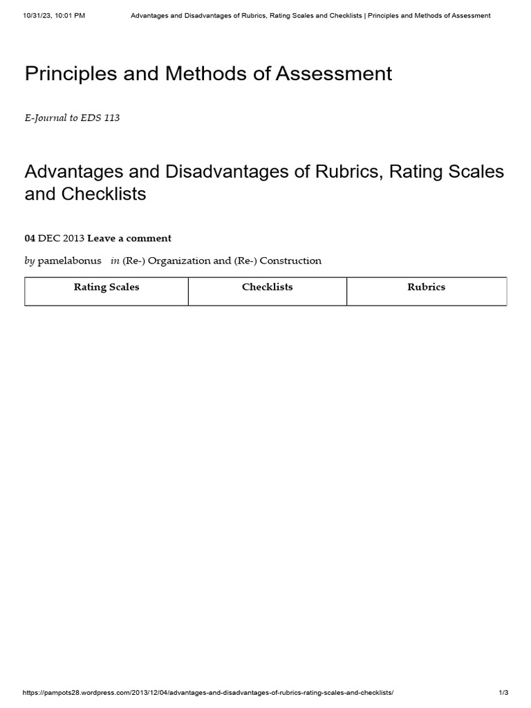 Advantages and Disadvantages of Rubrics, Rating Scales and Checklists - Principles and Methods ...