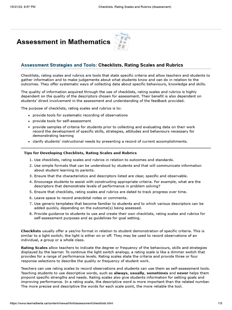Checklists, Rating Scales and Rubrics (Assessment) | PDF | Rubric ...