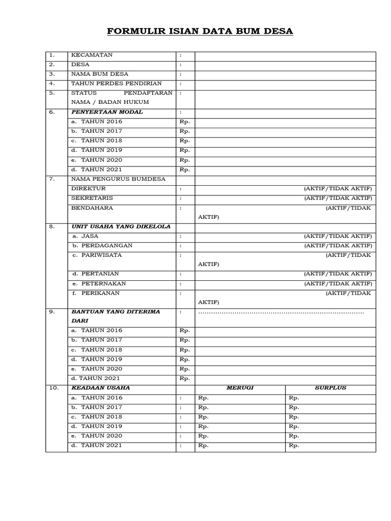 FORM ISIAN DATA BUM DESA Kami | PDF | Bisnis | Hukum